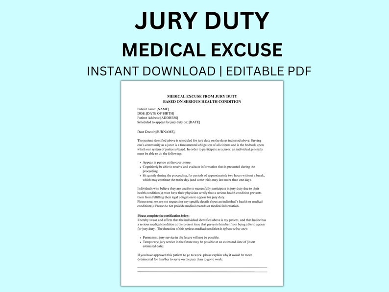 Jury Duty Medical Excuse Form: Editable Doctor's Note (PDF Template) - Etsy