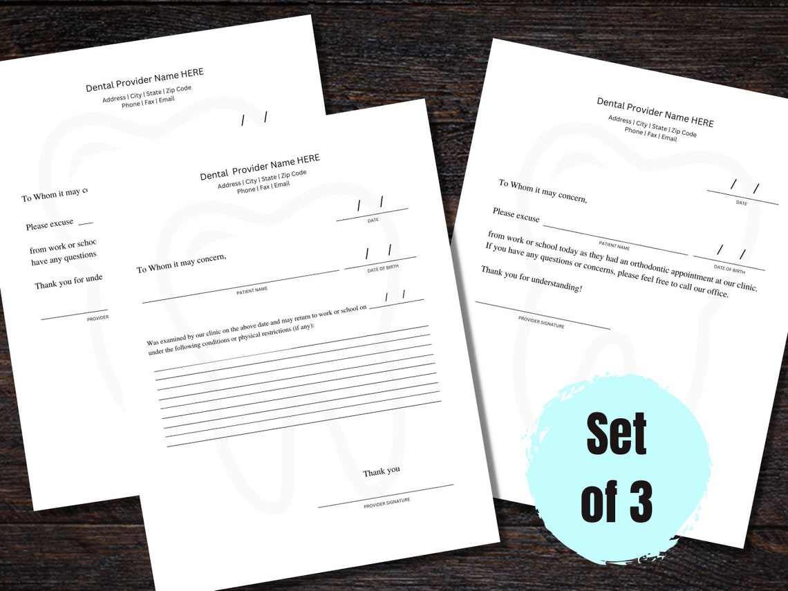 Dentist Note Excuse for School PDF Template Orthodontic Excuse Instant ...