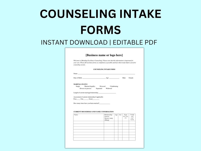 Custom Client Counseling Intake Form PDF Template Set of 5 - Etsy