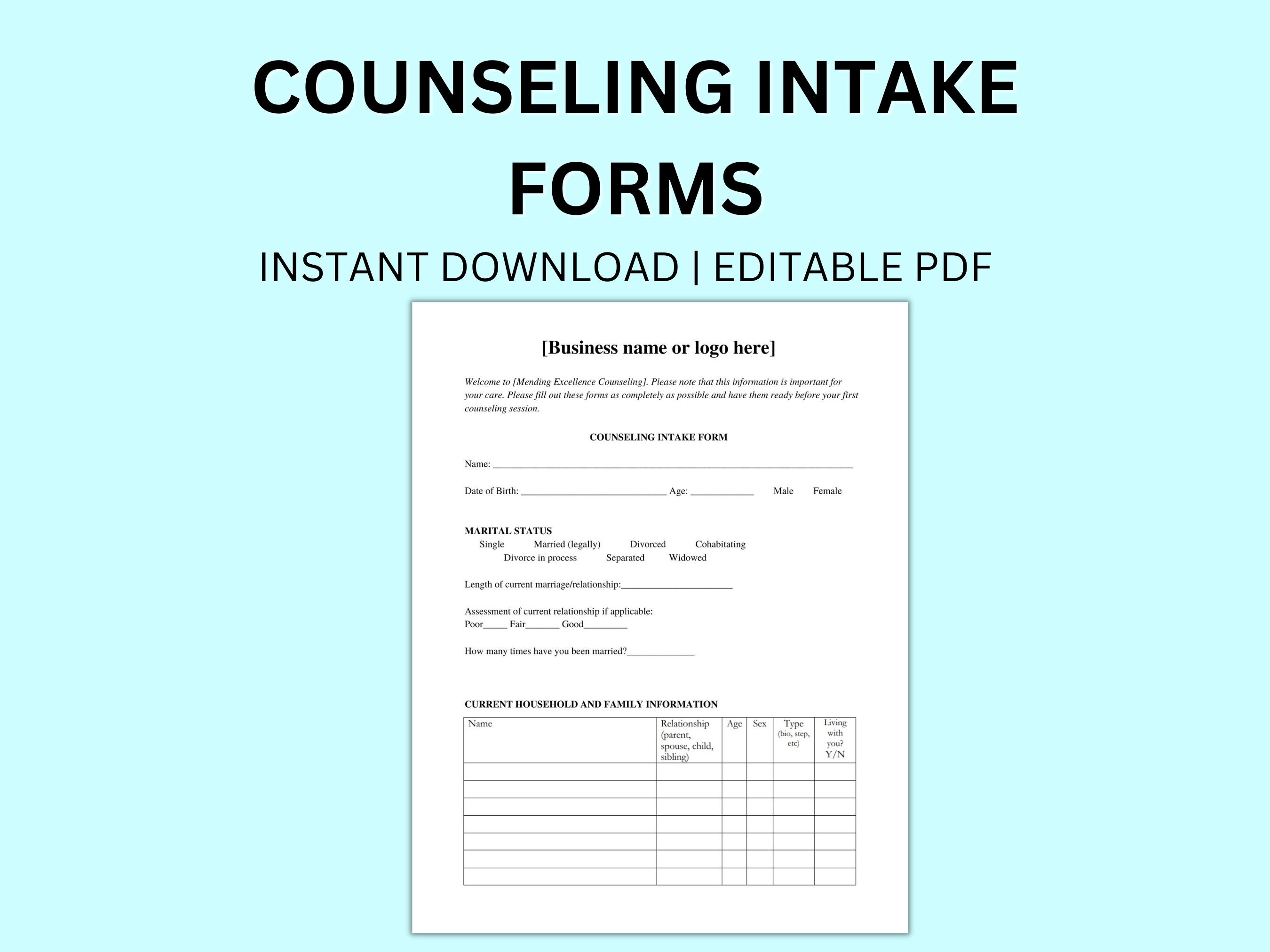 Custom Client Counseling Intake Form PDF Template Set of 5 - Etsy