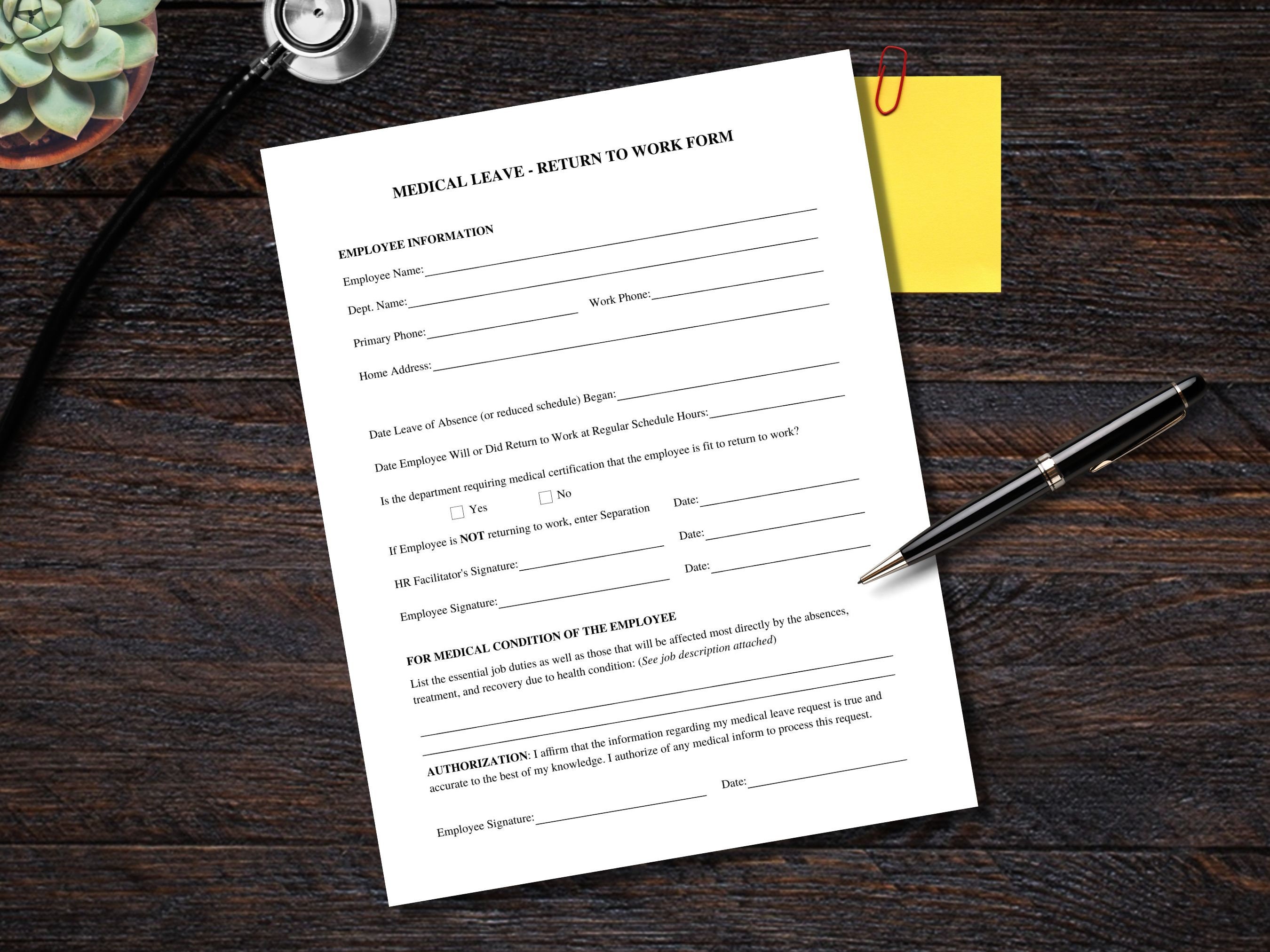 Return to Work Doctor's Absence Leave Excuse PDF Template HR Office ...