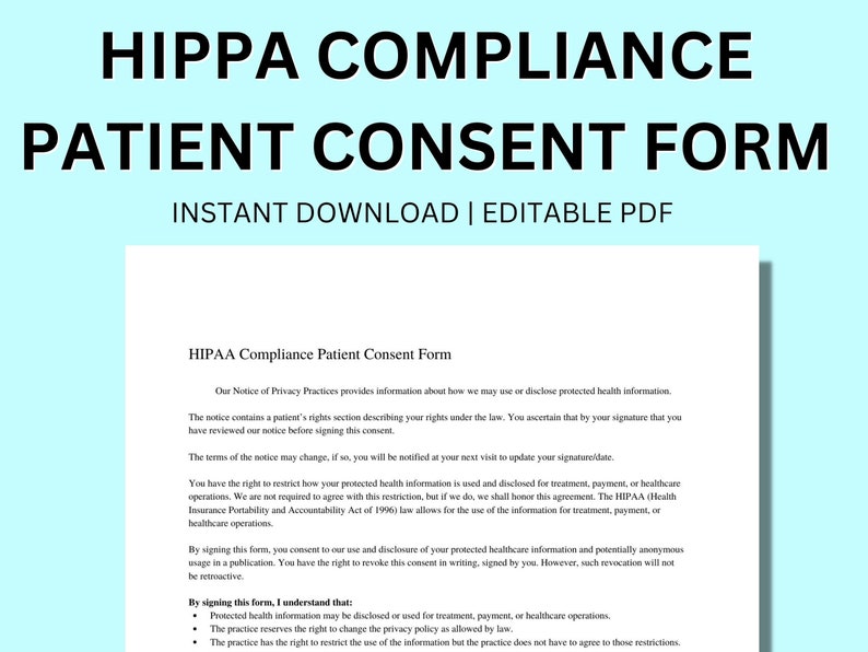 HIPPA Compliance Patient Consent Form Editable PDF Template for Medical ...