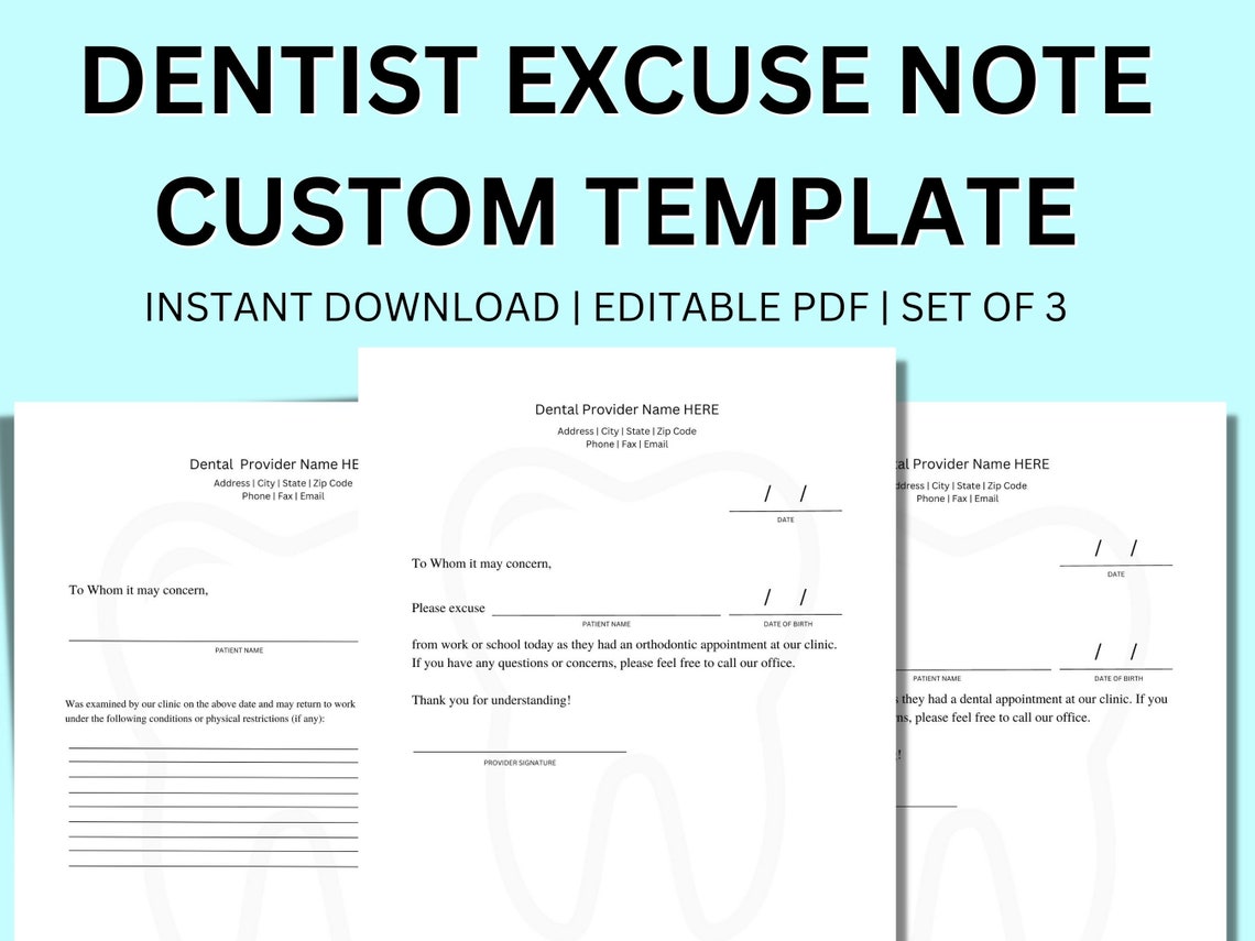 Dentist Note Excuse for School PDF Template Orthodontic Excuse Instant ...