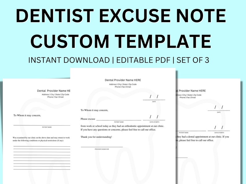 Dentist Note Excuse for School PDF Template Orthodontic Excuse Instant ...
