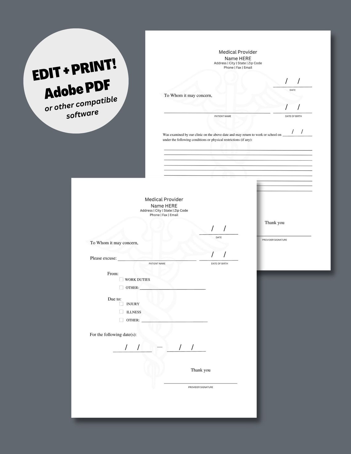 Custom Doctor's Note Excuse PDF Template Set of 9 Bundle, Doctor's ...
