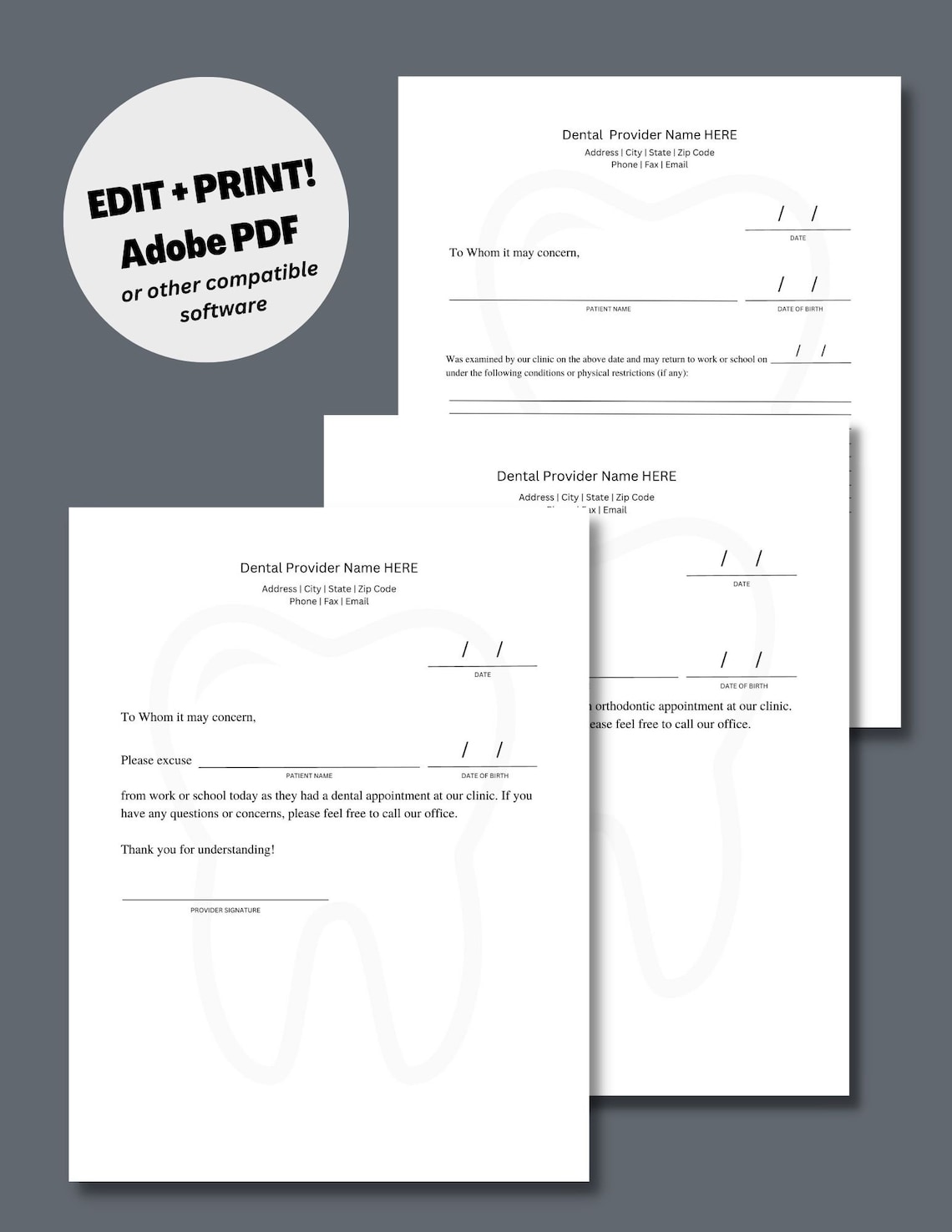 Dentist Note Excuse for School PDF Template Orthodontic Excuse Instant ...