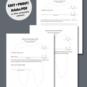Dentist Note Excuse for School PDF Template Orthodontic Excuse Instant ...
