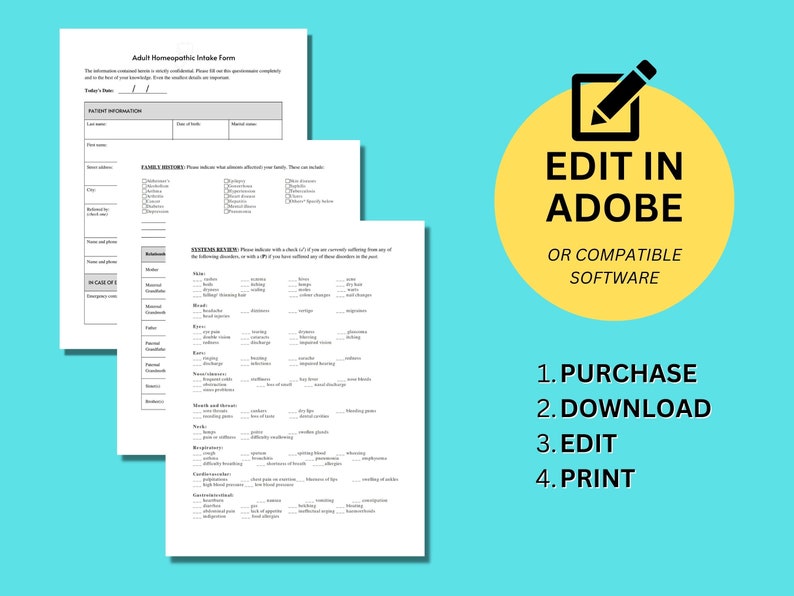 Custom Client Intake Homeopathy Form PDF Template Set of 7 Instant ...