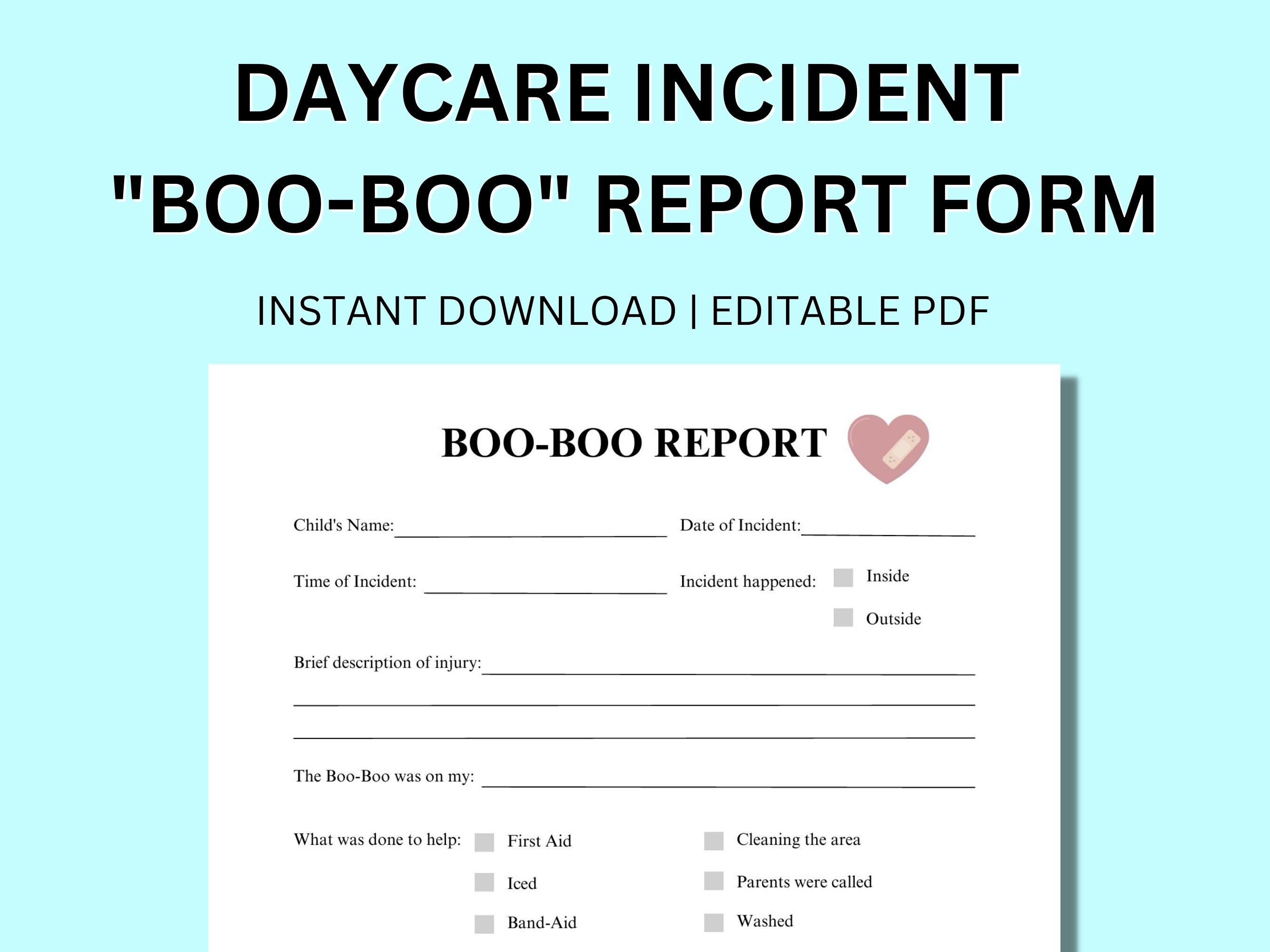Custom Child Daycare Incident Report Boo Boo Form PDF Template, School ...
