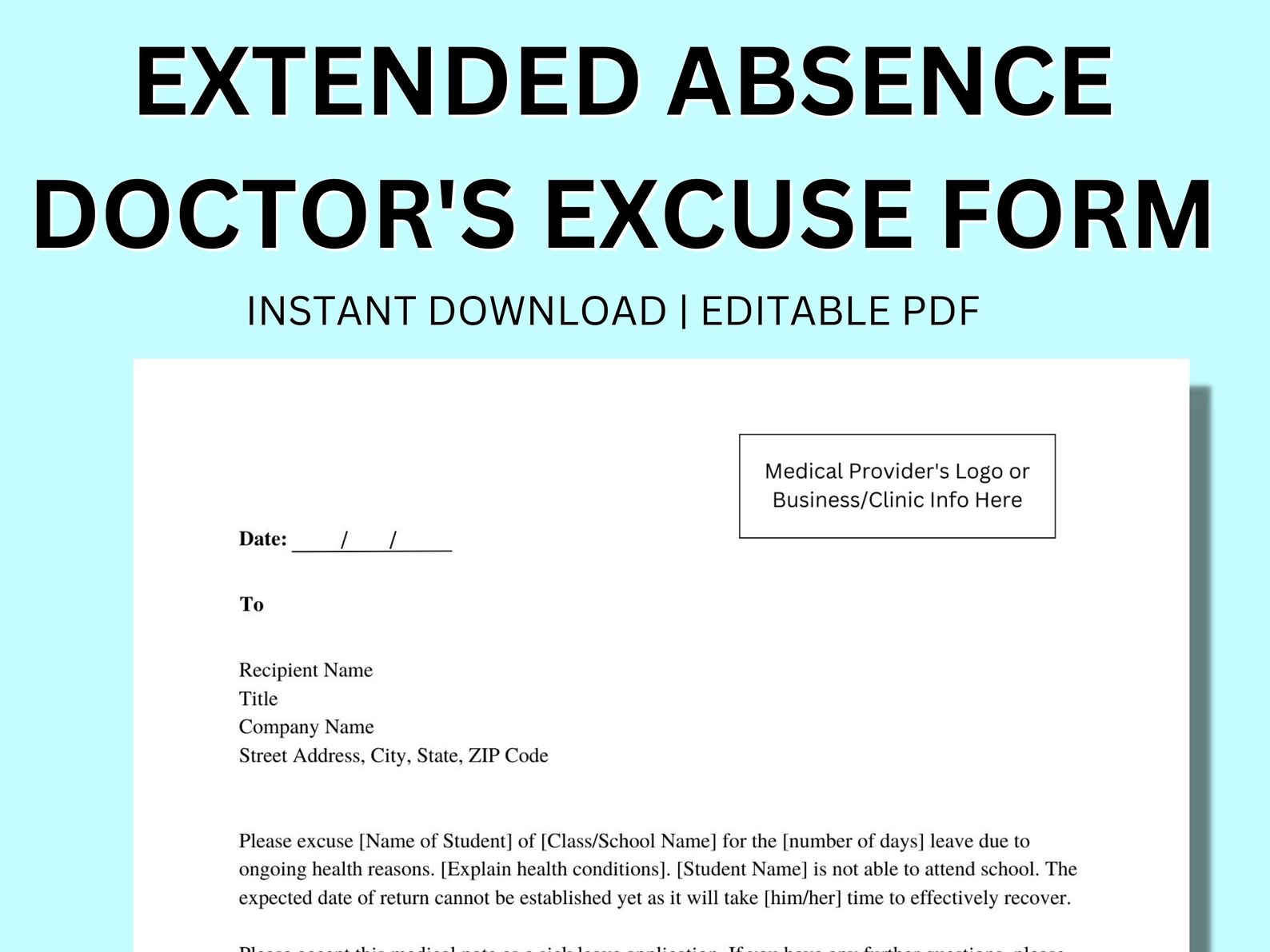 Custom Extended Absence Doctor's Note Excuse PDF Template, Doctor's ...