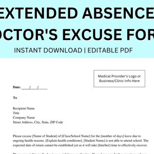 Custom Extended Absence Doctor's Note Excuse PDF Template, Doctor's ...