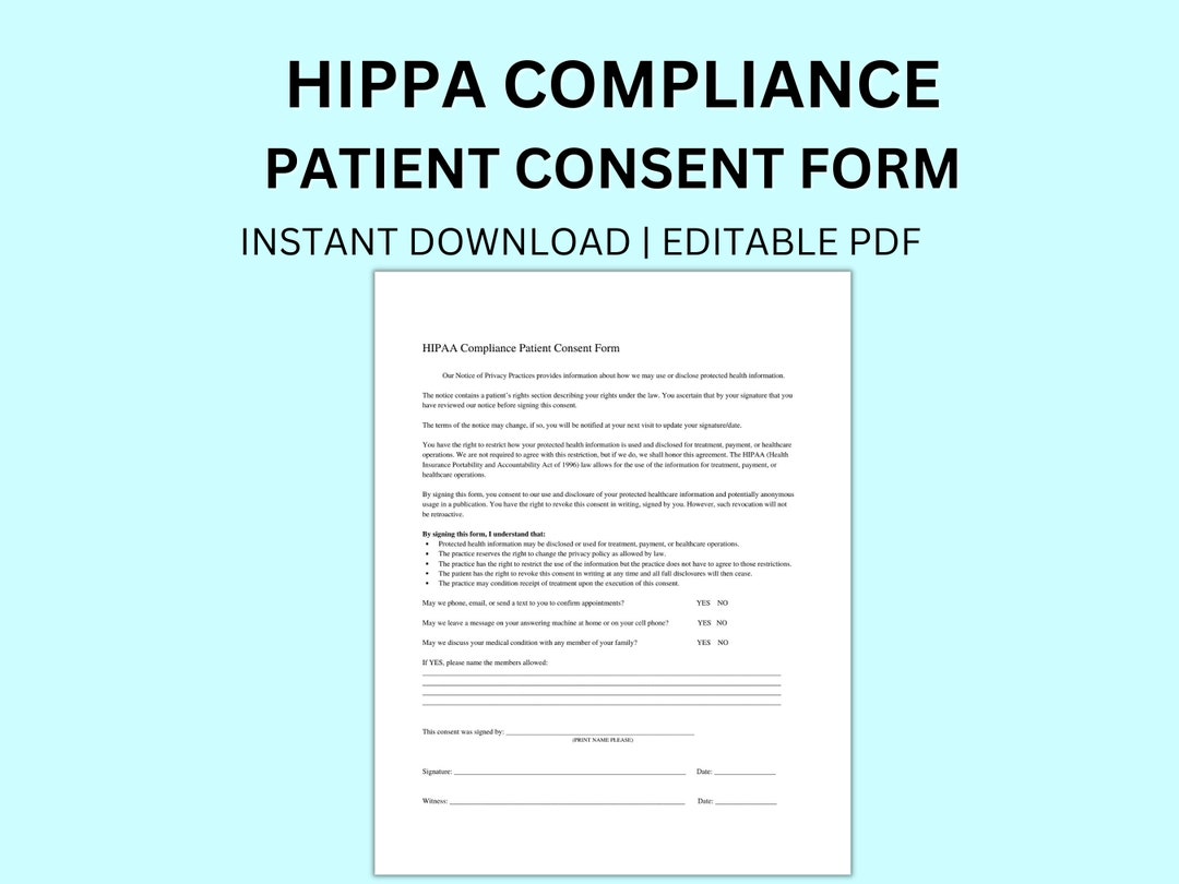 HIPPA Compliance Patient Consent Form Editable PDF Template for Medical ...