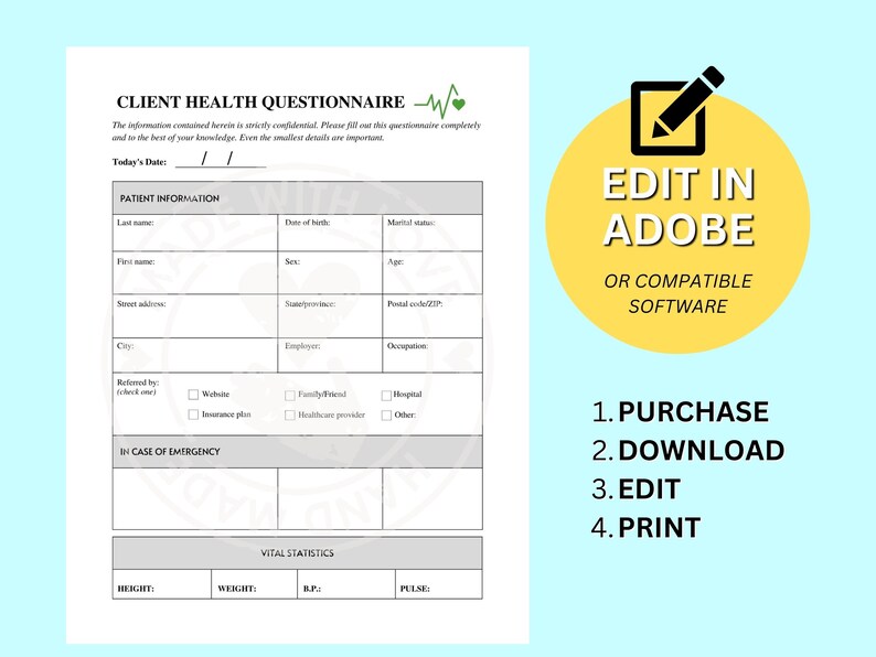 Client Intake Health Form PDF Template Set of 4 Instant Download ...