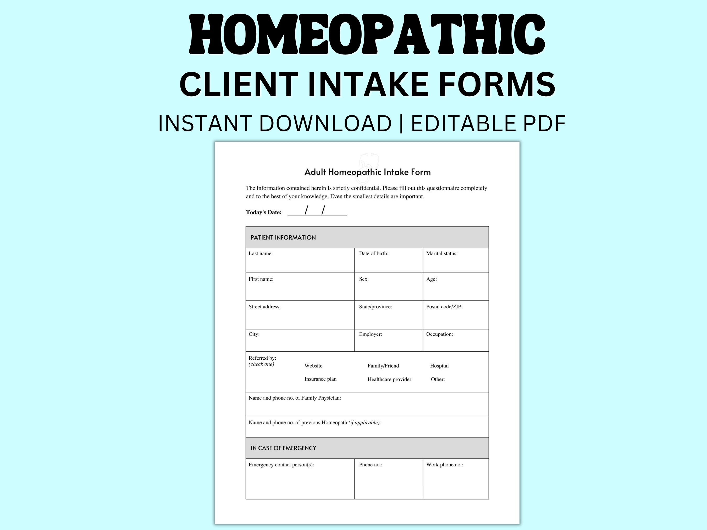 Custom Client Intake Homeopathy Form PDF Template Set of 7 Instant ...