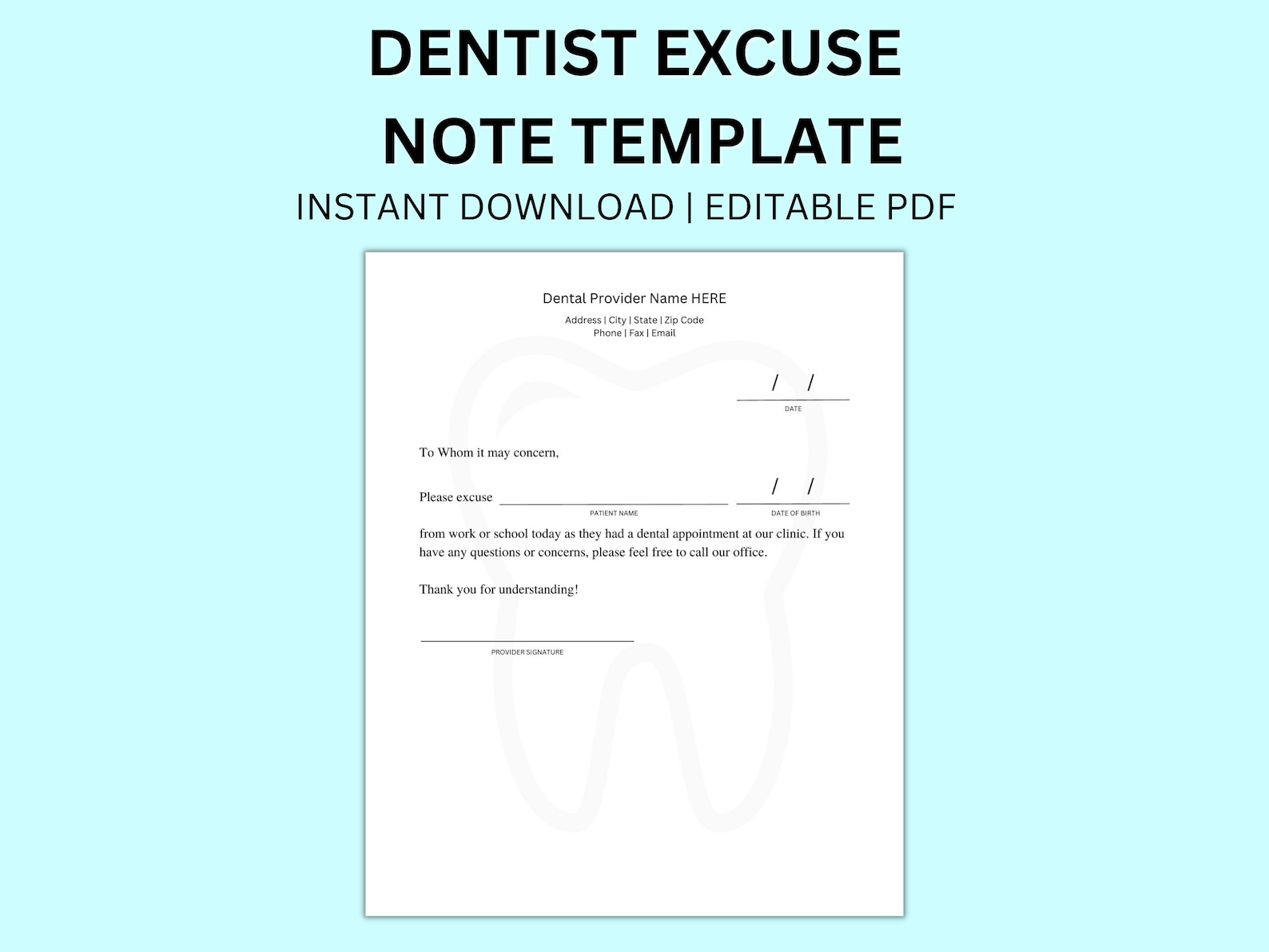 Dentist Note Excuse for School PDF Template Orthodontic Excuse Instant ...