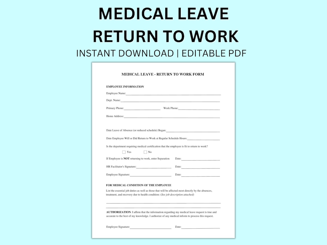 Return to Work Doctor's Absence Leave Excuse PDF Template HR Office ...