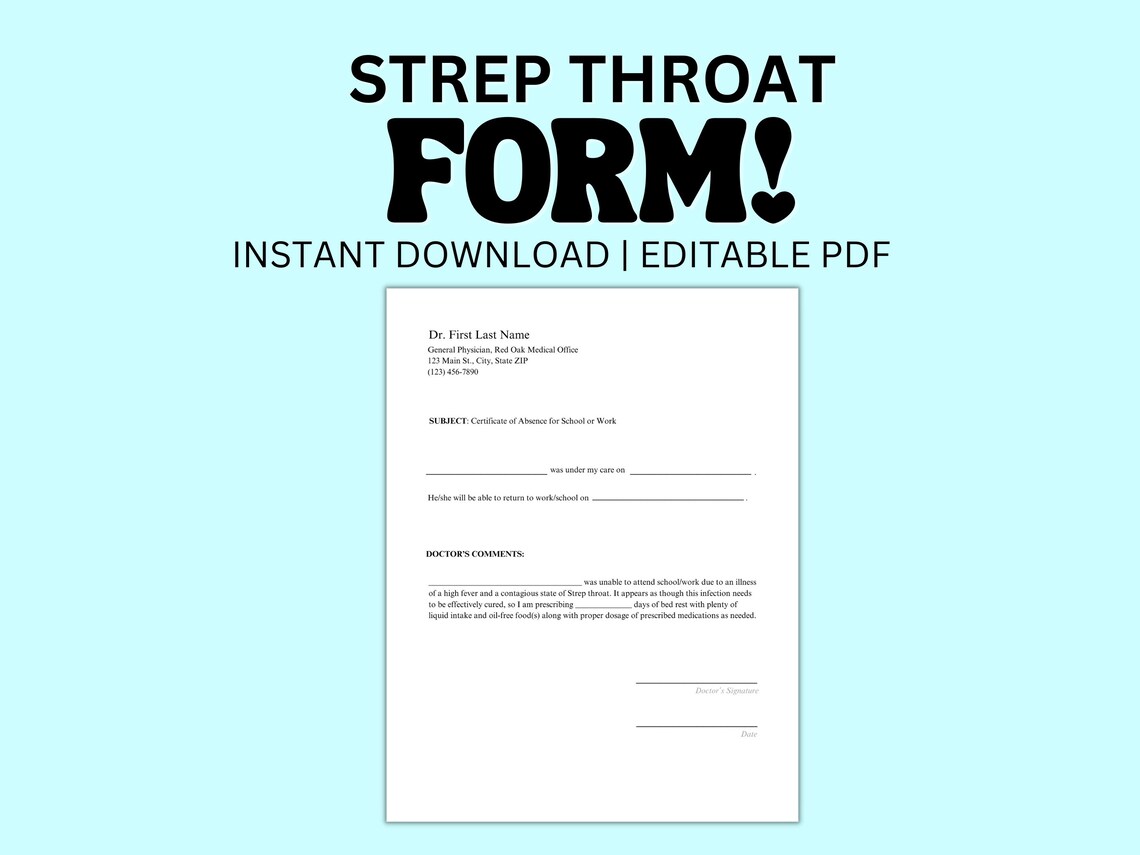 Strep Throat Medical Absence Authorization PDF Template Fake Doctor's ...