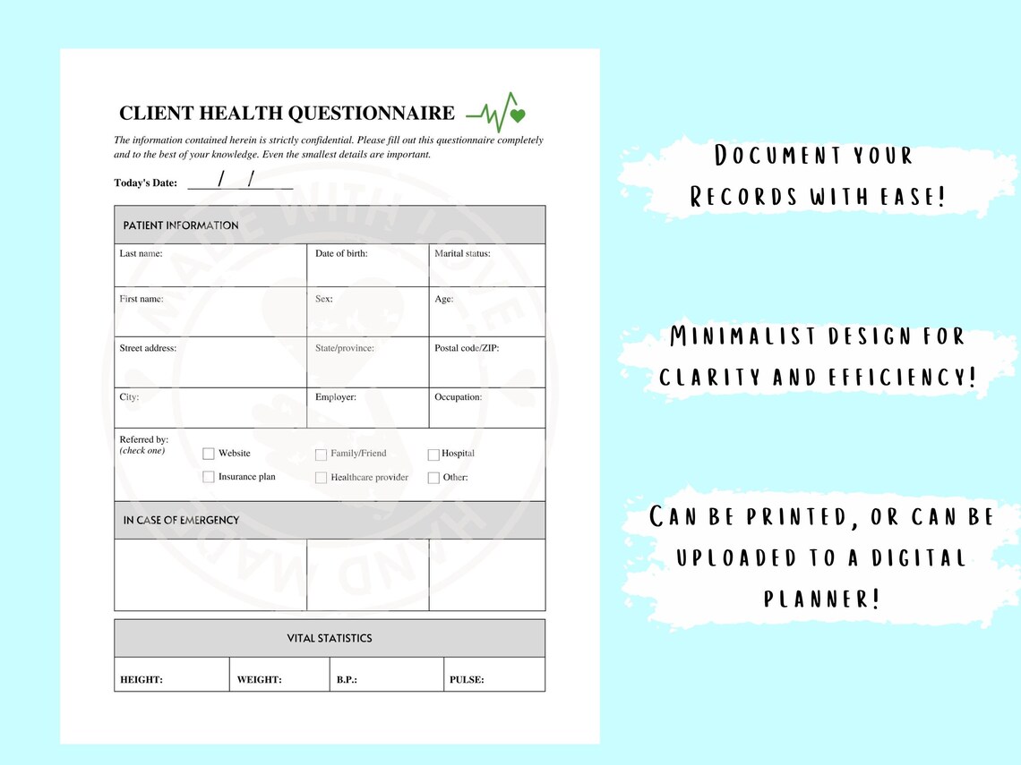Client Intake Health Form PDF Template Set of 4 Instant Download ...