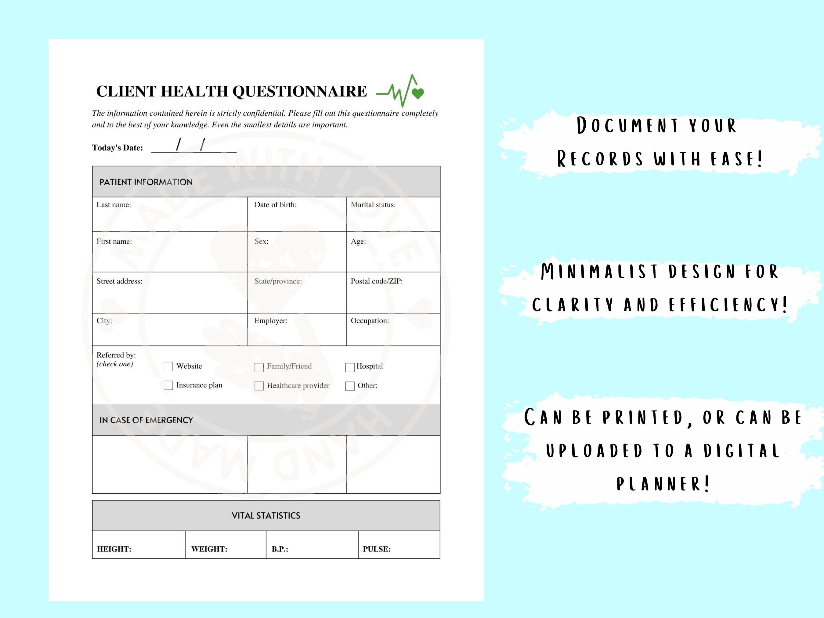 Client Intake Health Form PDF Template Set of 4 Instant Download ...