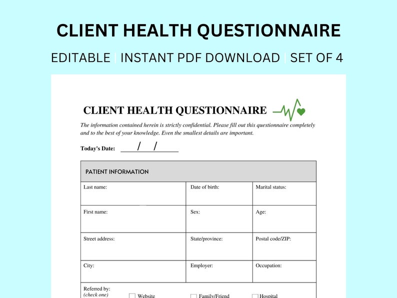 Client Intake Health Form PDF Template Set of 4 Instant Download ...