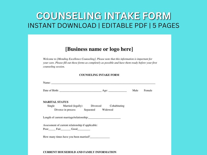 Custom Client Counseling Intake Form PDF Template Set of 5 - Etsy