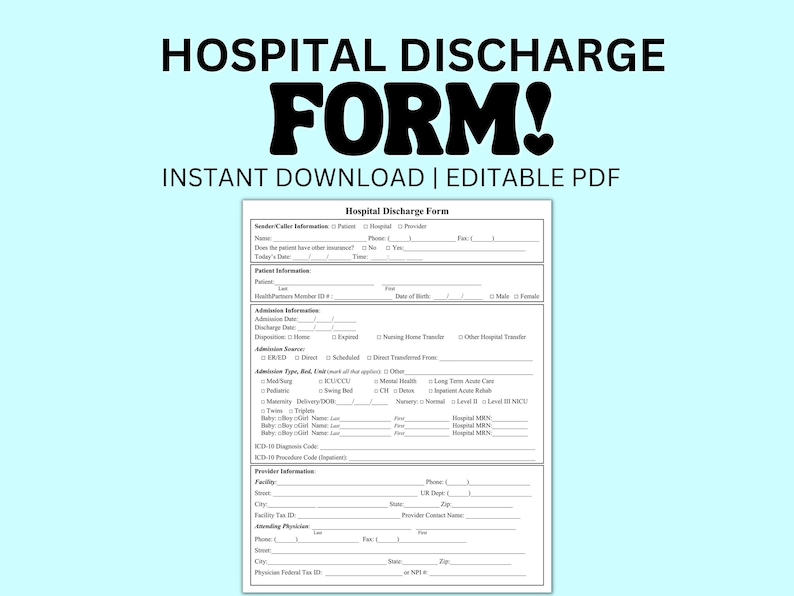 Hospital Discharge Patient Form Editable PDF Template for Medical ...