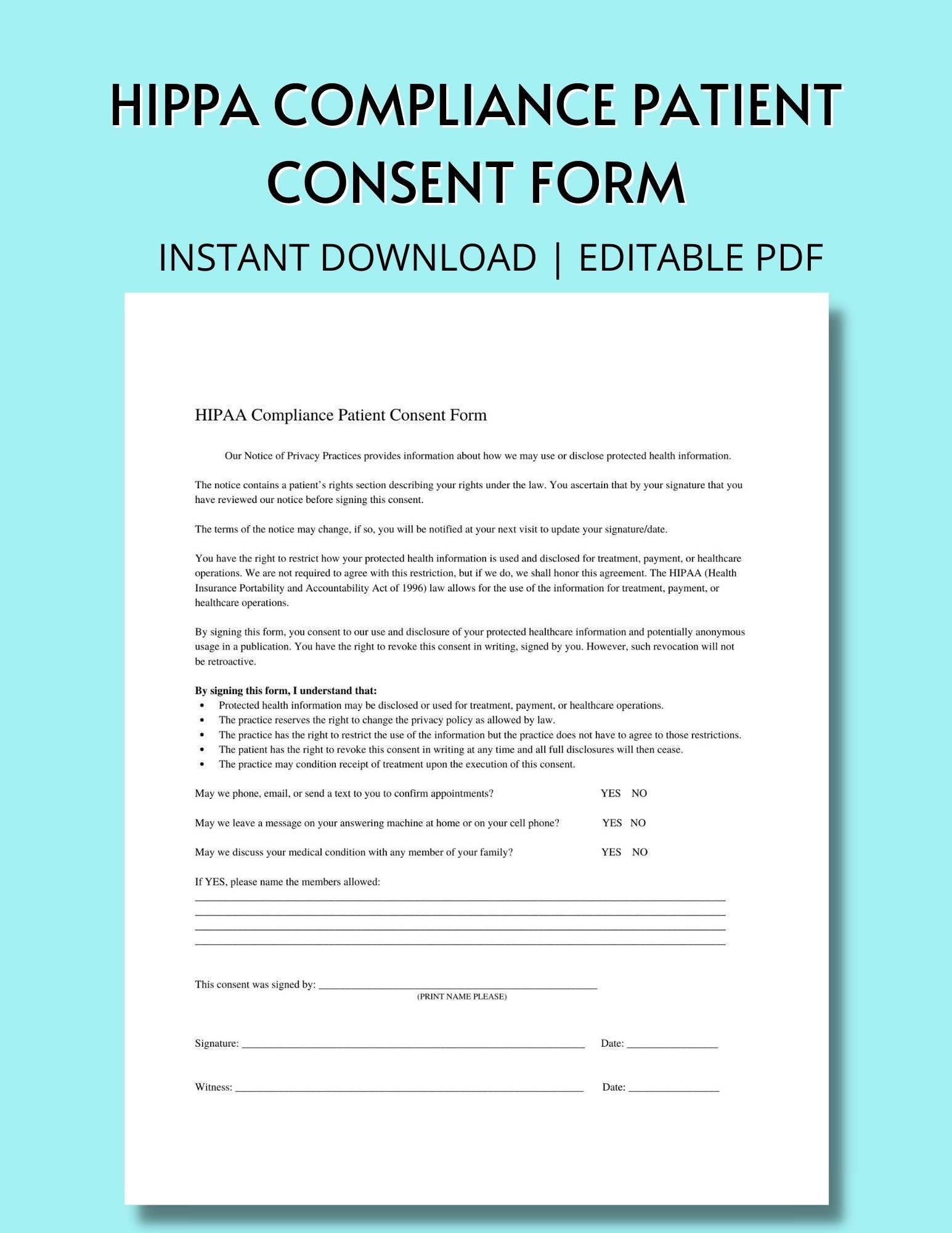 HIPPA Compliance Patient Consent Form Editable PDF Template for Medical ...