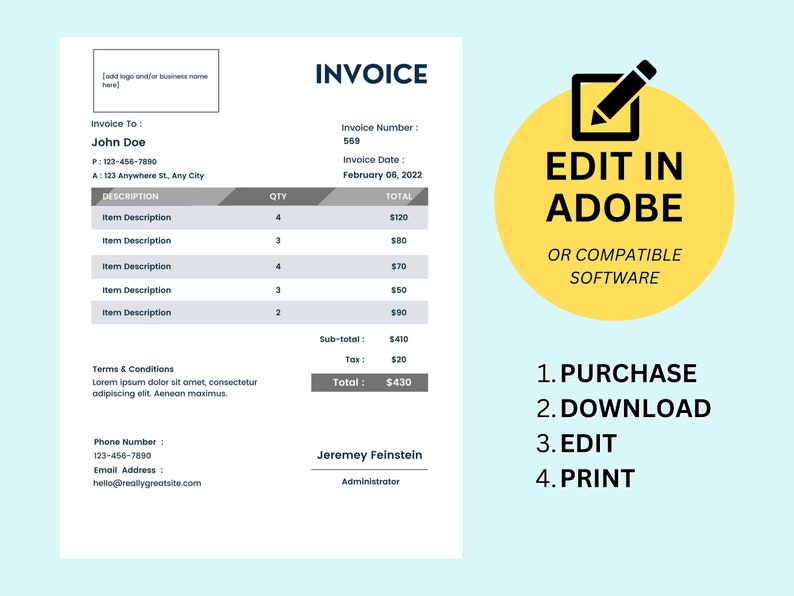 Invoice Template Editable PDF Instant Digital Download, Custom ...