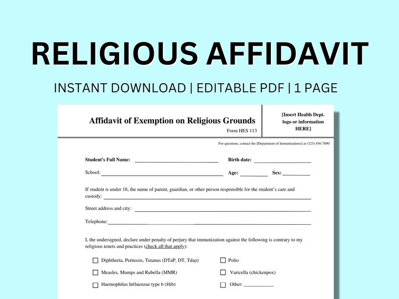 Custom Religious Exemption Affidavit Doctor's Note Excuse PDF Template ...