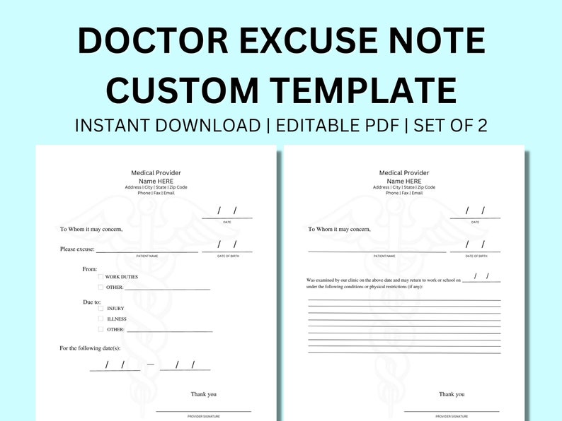 Doctor's Note Excuse PDF Template Set of 2 Dr Excuse Instant Download ...