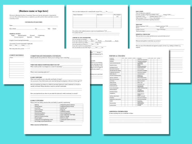 Custom Client Counseling Intake Form PDF Template Set of 5, Instant ...