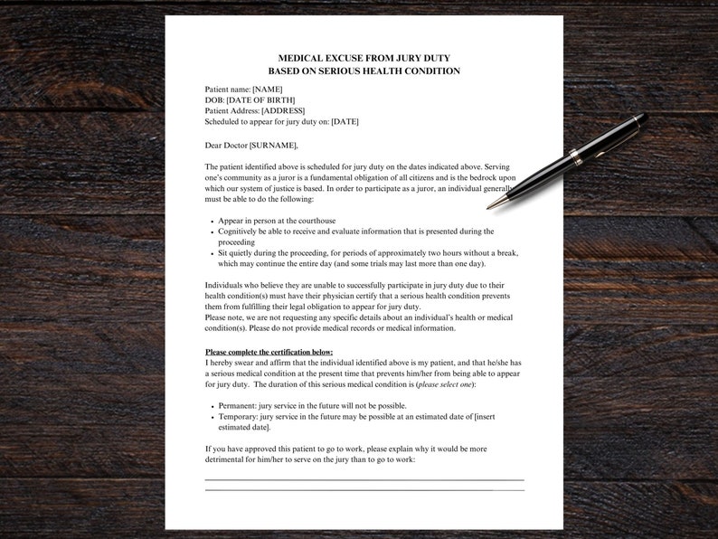 Jury Duty Medical Excuse Form: Editable Doctor's Note (PDF Template) - Etsy