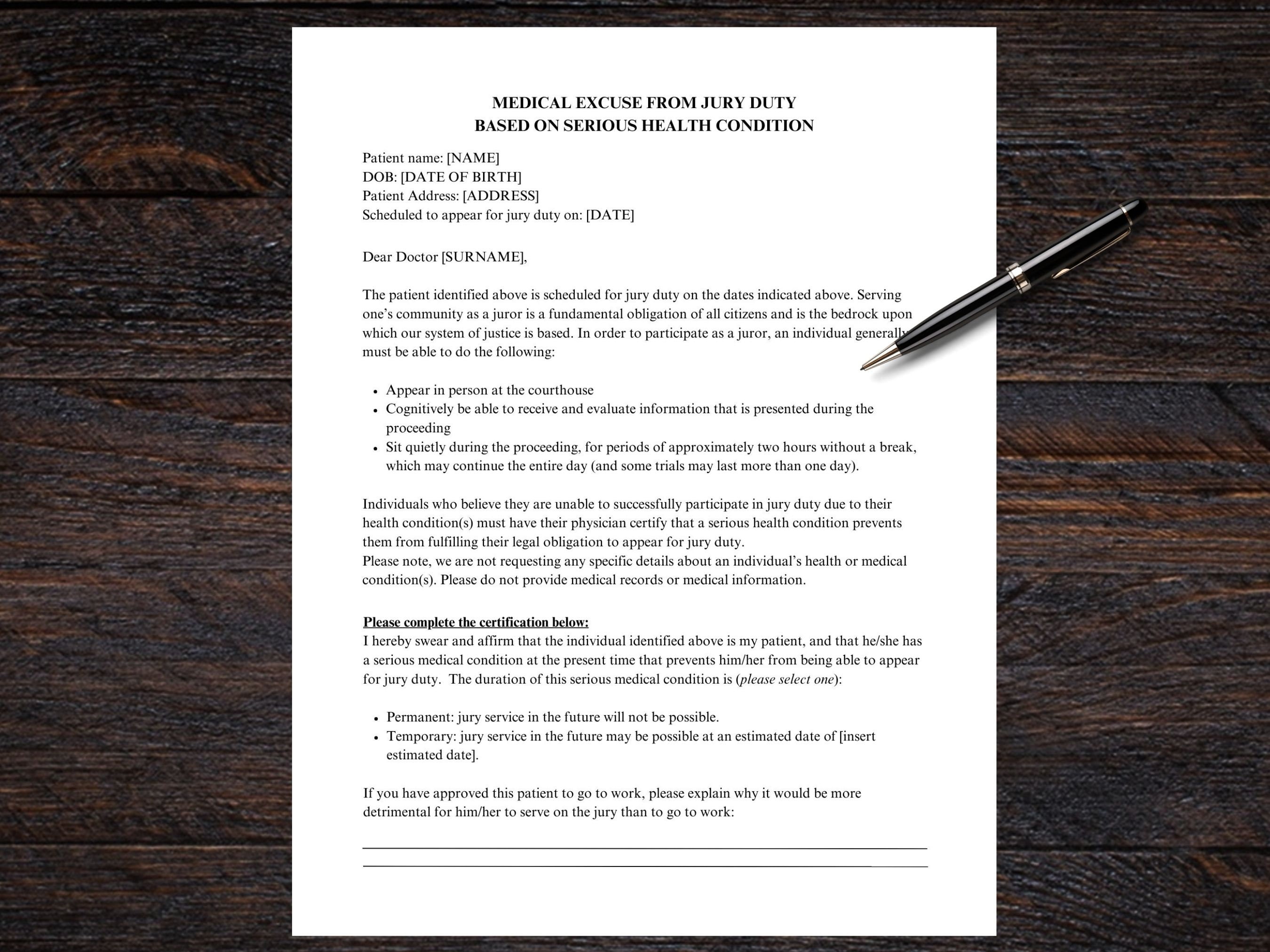 Jury Duty Medical Excuse Form: Editable Doctor's Note (PDF Template) - Etsy