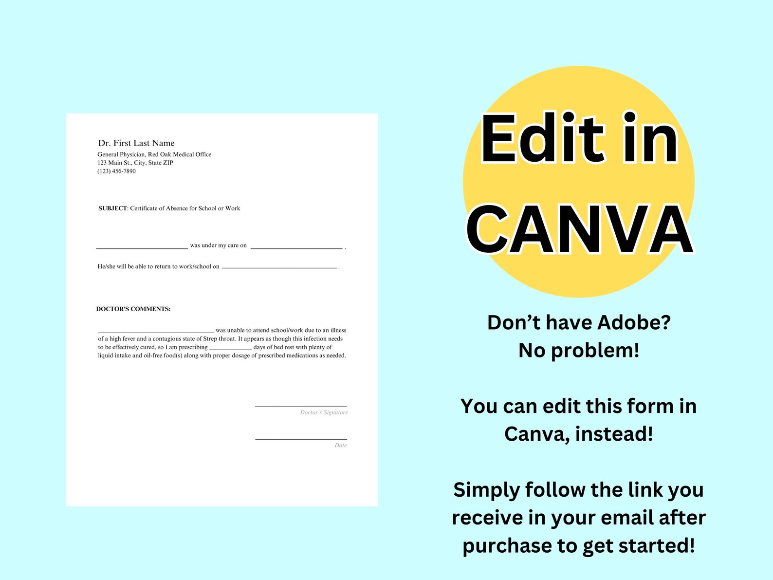 Strep Throat Medical Absence Authorization PDF Template Fake Doctor's ...