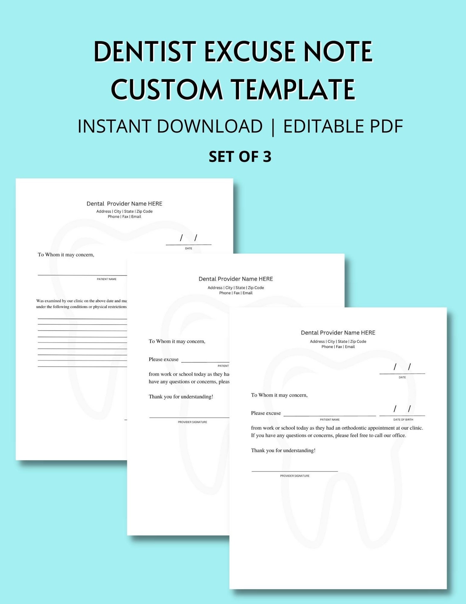 Dentist Note Excuse for School PDF Template Orthodontic Excuse Instant ...