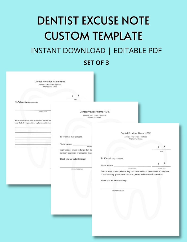 Dentist Note Excuse for School PDF Template Orthodontic Excuse Instant ...