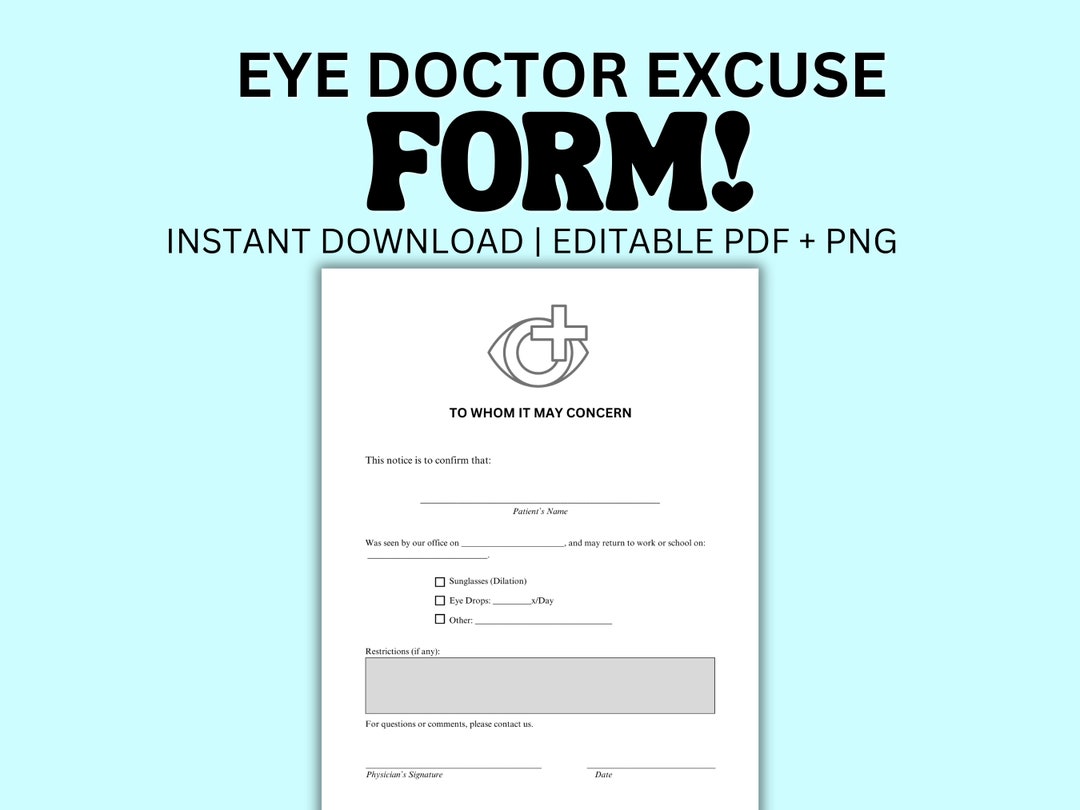 Eye Doctor Optometry Note Excuse for School PDF Template Eye Excuse ...