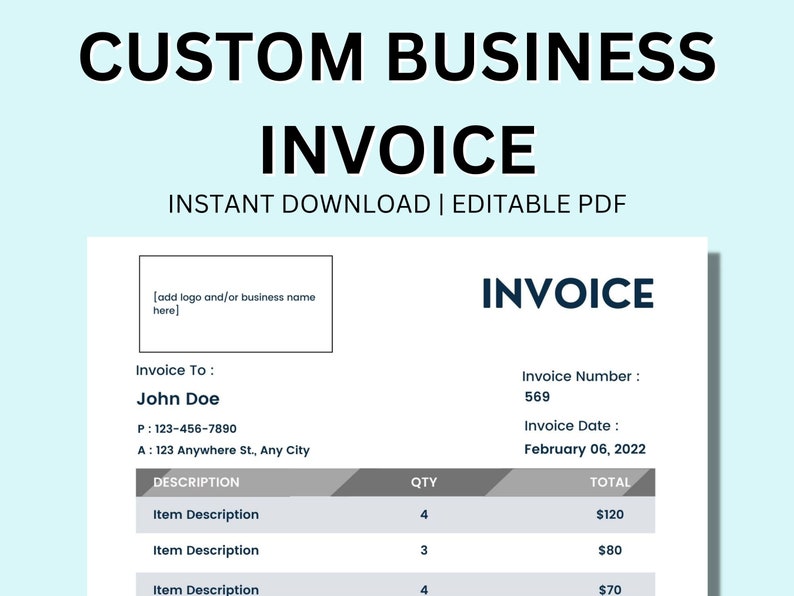 Invoice Template Editable PDF Instant Digital Download, Custom ...