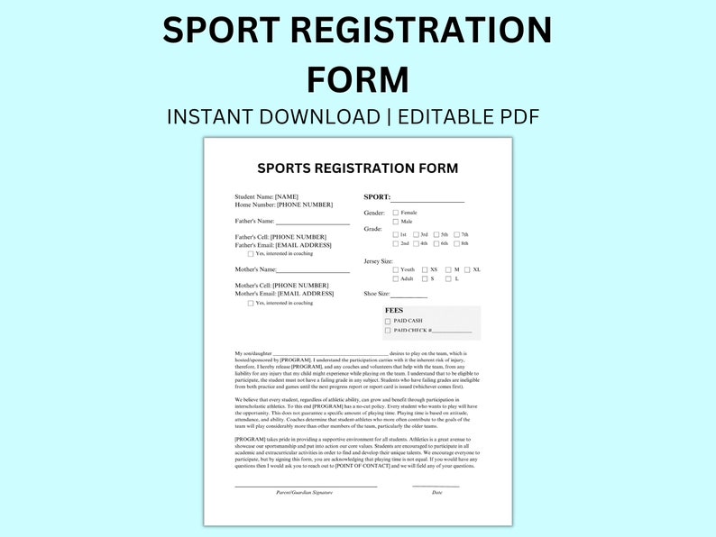 Sport Camp Registration Form Template: Editable PDF (digital Download ...