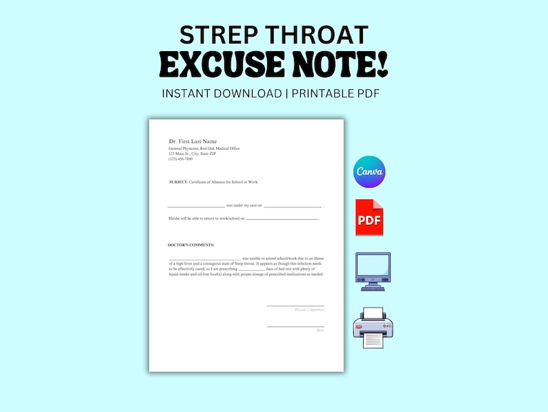 Strep Throat Medical Absence Authorization PDF Template Fake Doctor's ...