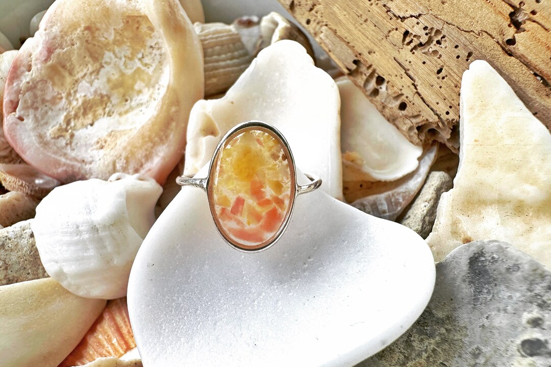 Hawaiian Sunrise Shell Resin Ring, Sterling Silver, Beach Shell Ring ...