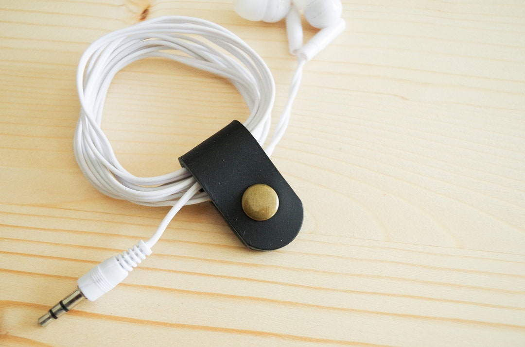 Cord Clip in Black Solid Brass Snap Full Grain Leather Cord Keeper Cord ...