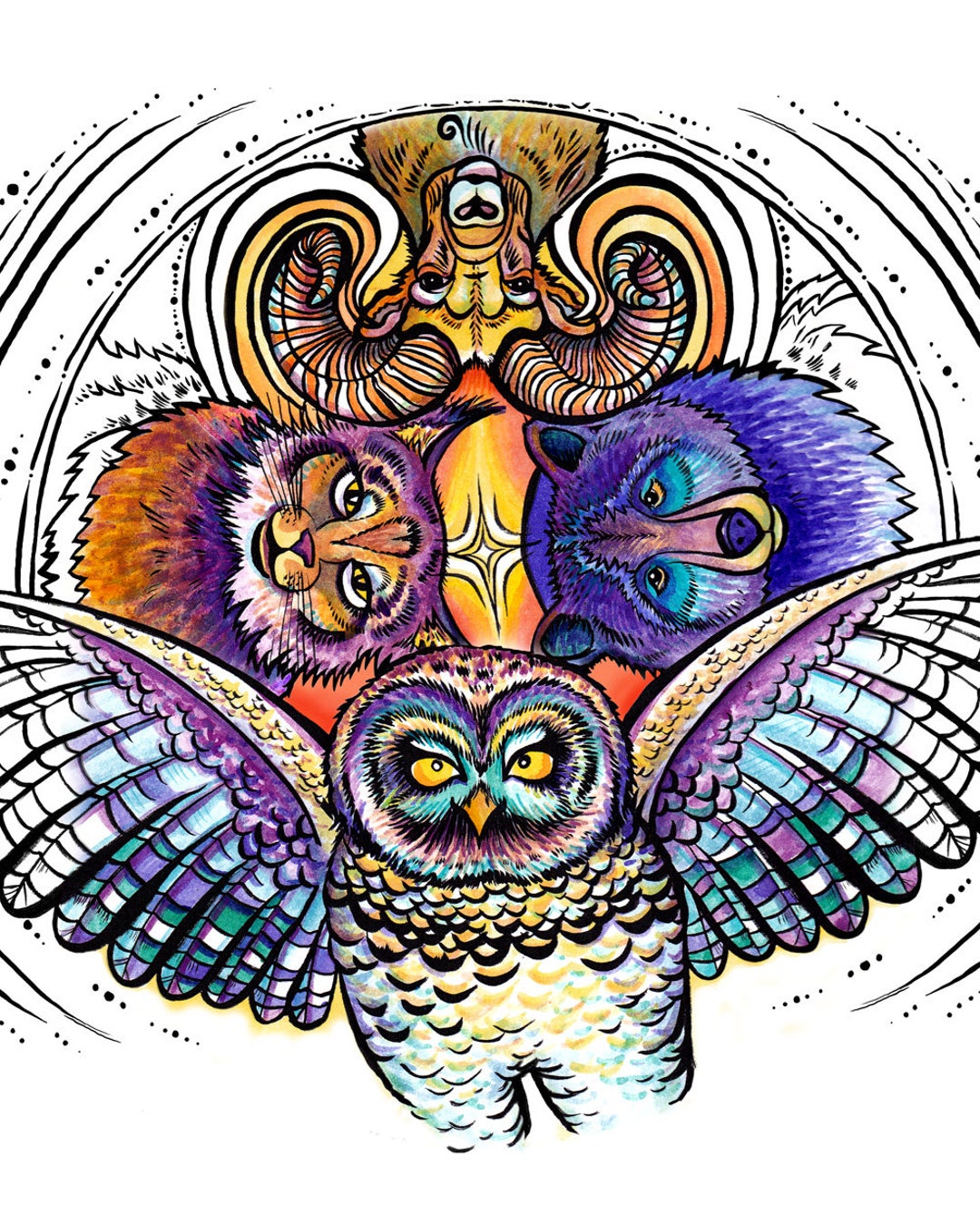 Spirit Animals Art Print: Owl, Bear, Lynx, Ram Totem - Etsy