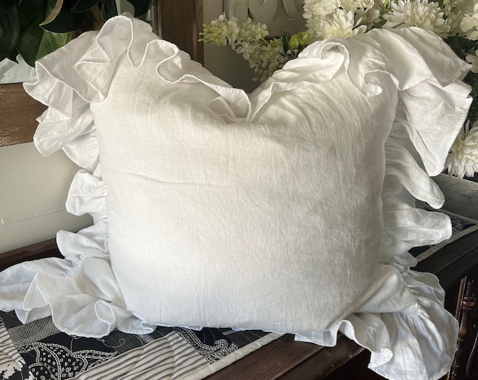 100% Washed White Linen Pillow Cover With Hemmed Edge Ruffle - Etsy