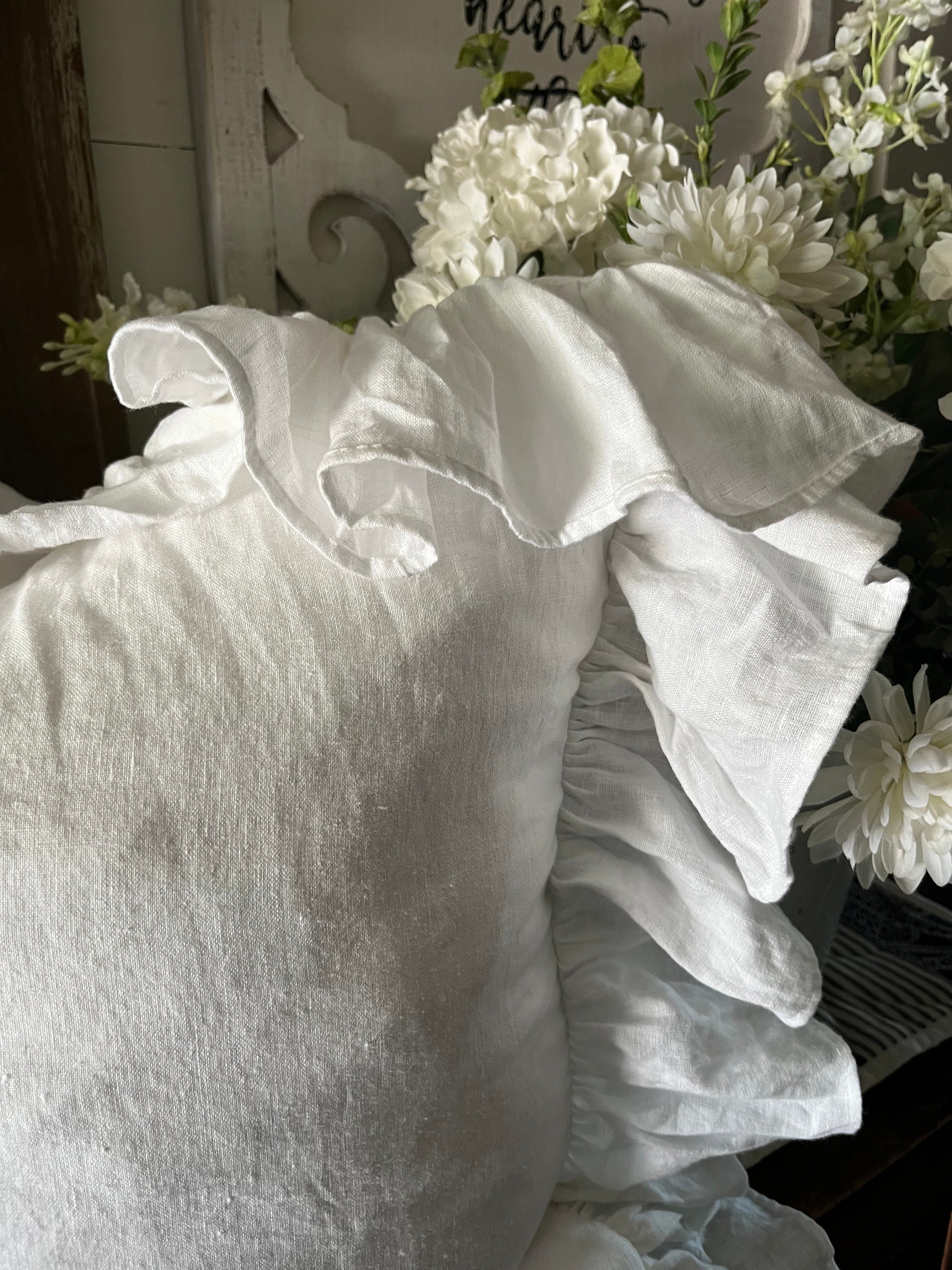 100% Washed White Linen Pillow Cover With Hemmed Edge Ruffle - Etsy