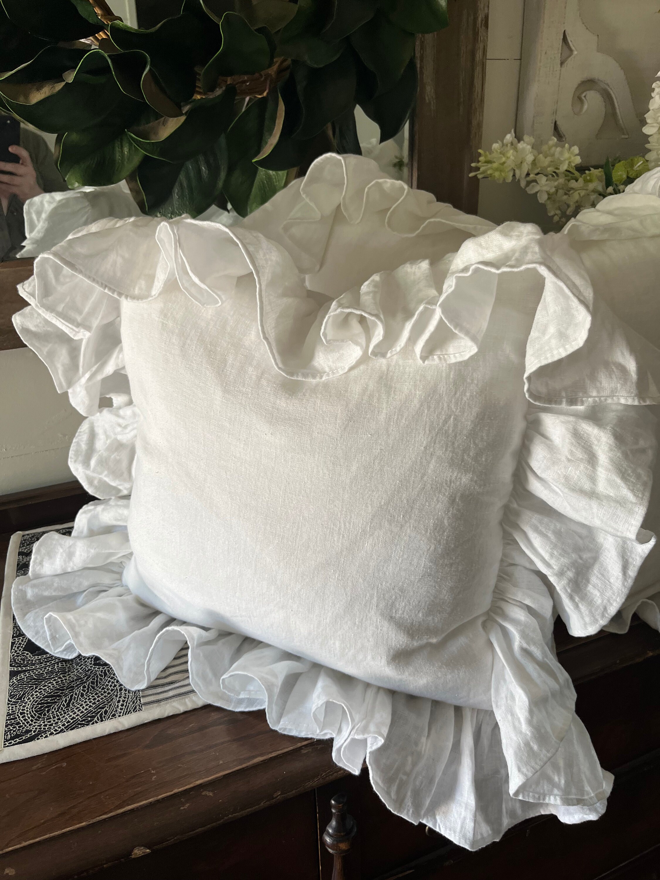 100% Washed White Linen Pillow Cover With Hemmed Edge Ruffle - Etsy