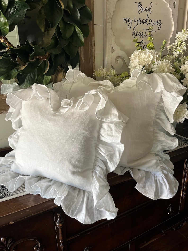 100% Washed White Linen Pillow Cover With Hemmed Edge Ruffle - Etsy