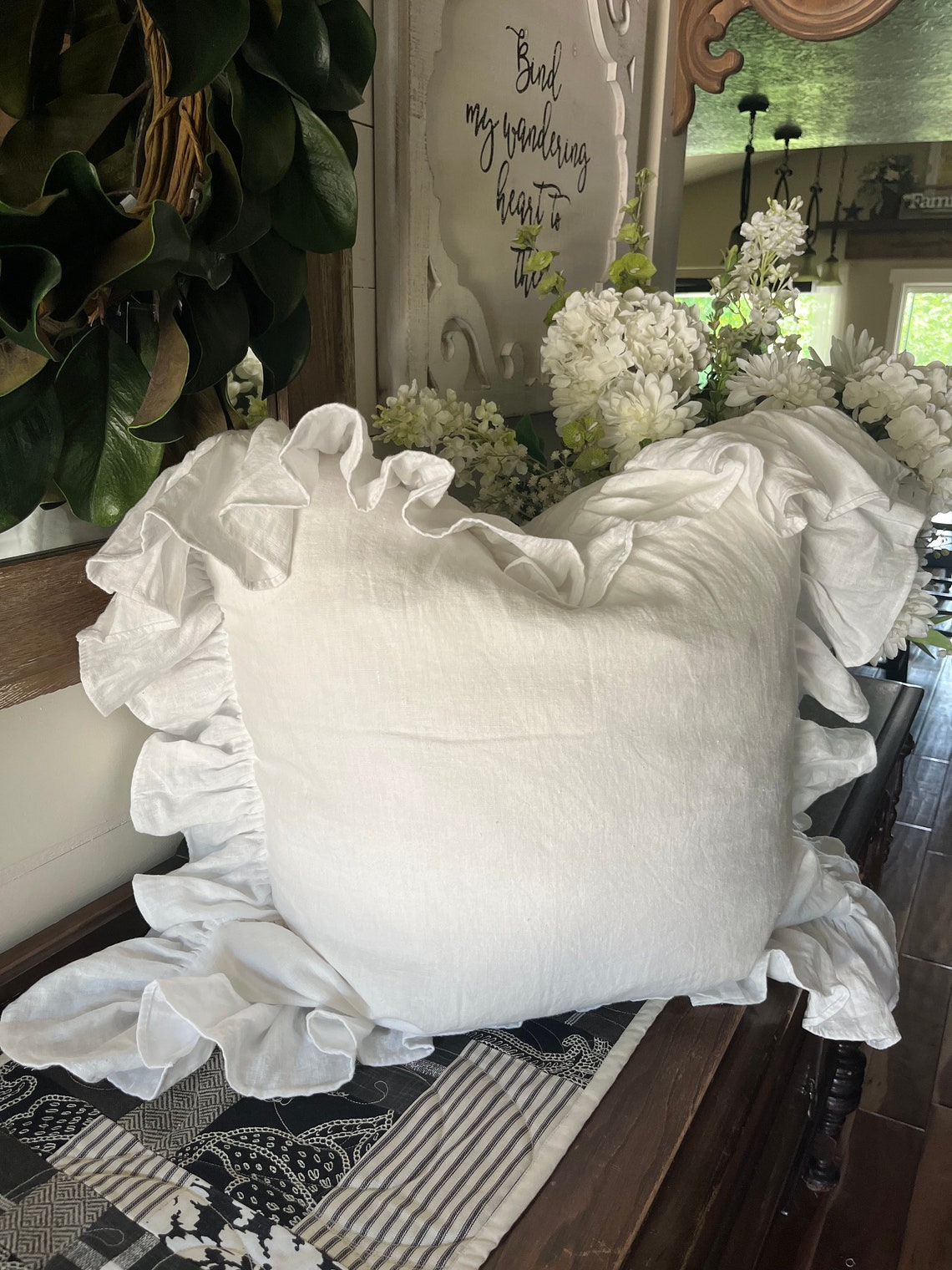 100% Washed White Linen Pillow Cover With Hemmed Edge Ruffle - Etsy