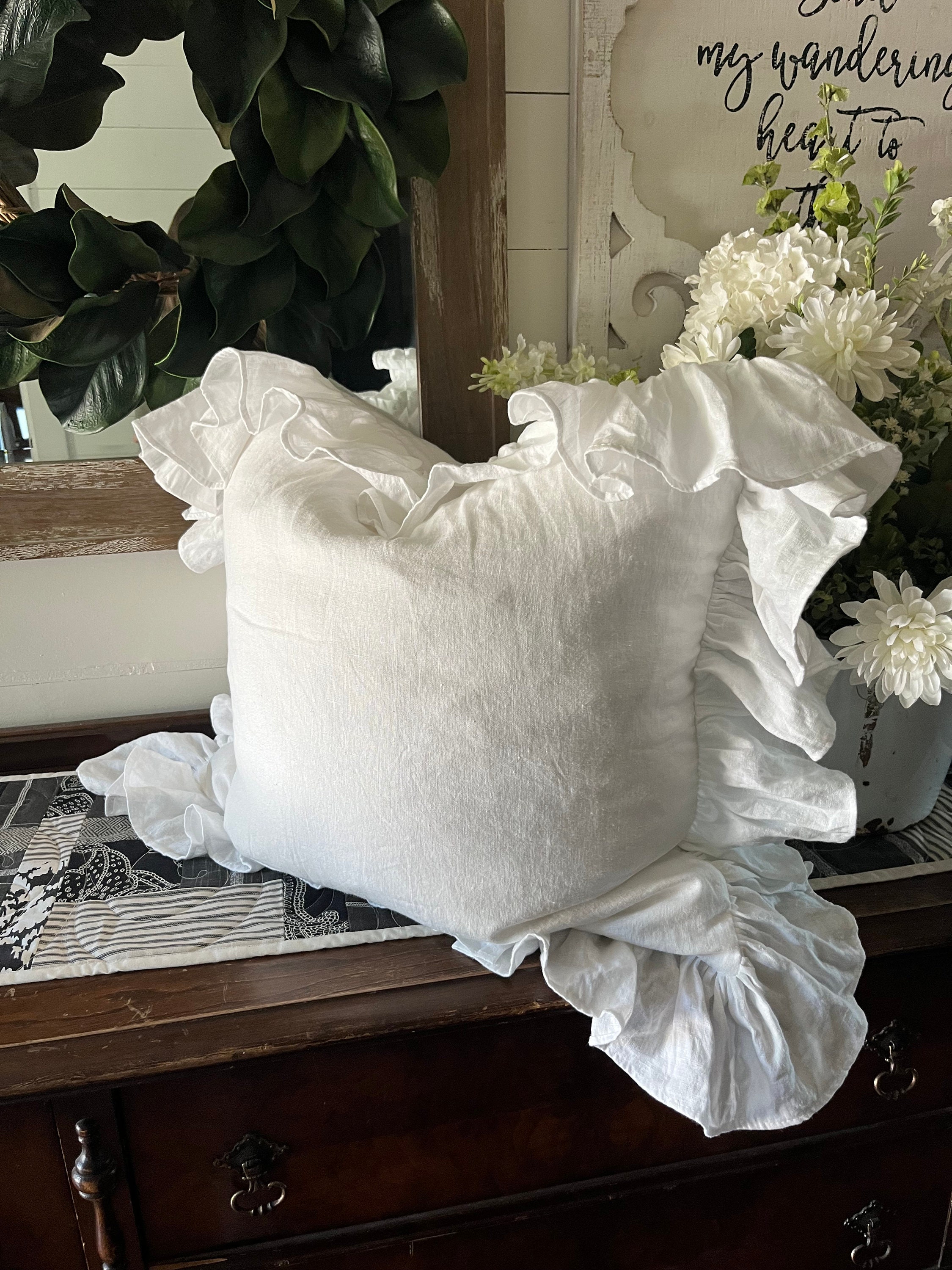 100% Washed White Linen Pillow Cover With Hemmed Edge Ruffle - Etsy