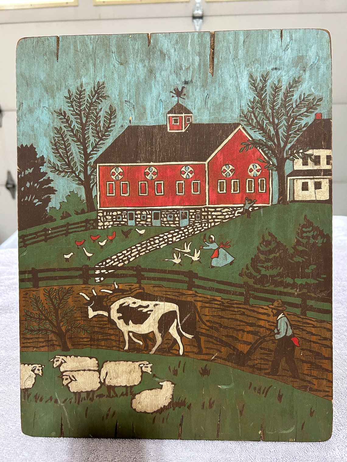 Vintage Primitive Amish Farm Painting on Board - Etsy